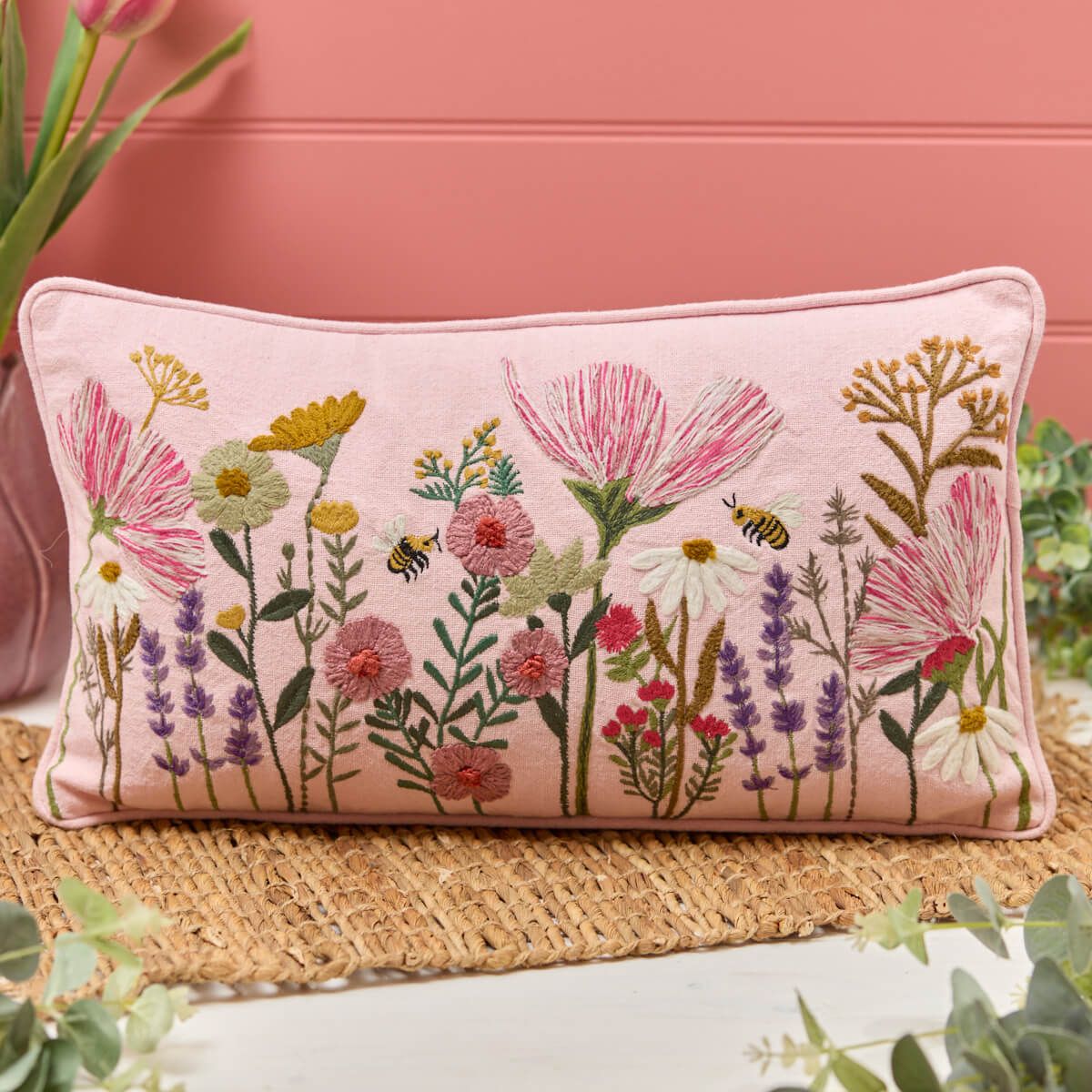 Richard Langs Pink Floral Bees Embroidered Cushion - 4FD380 – Old ...