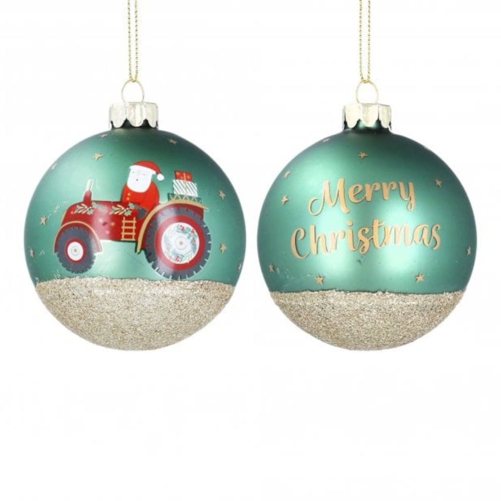 Gisela Graham Santa On Tractor Matte Green Glass Bauble – Old Railway ...