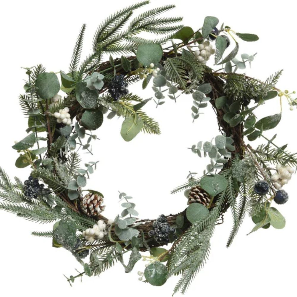 Decoris 45cm Frosted Foliage, Pinecones & Berries Willow Wreath – Old Railway Line Garden Centre